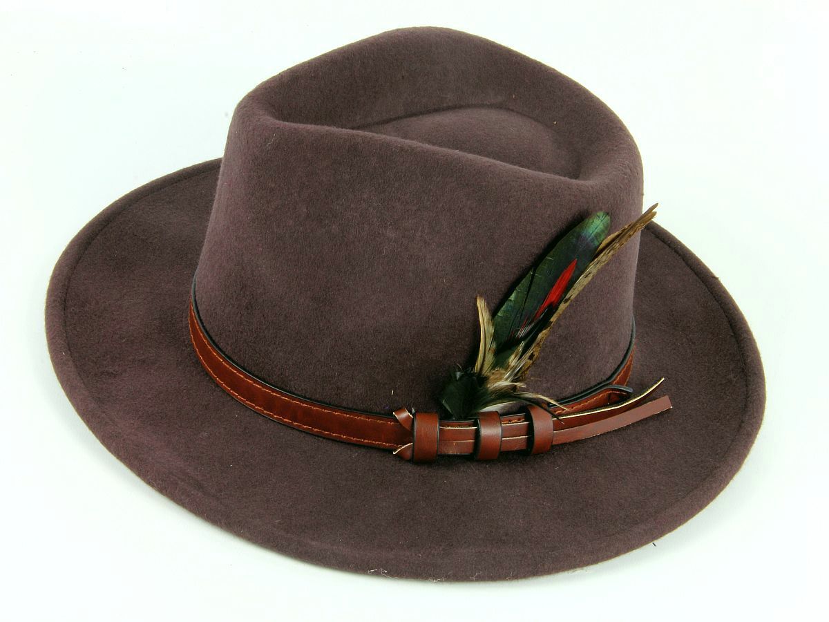 Fedora 100% wool country hat with feather hat mount choice.