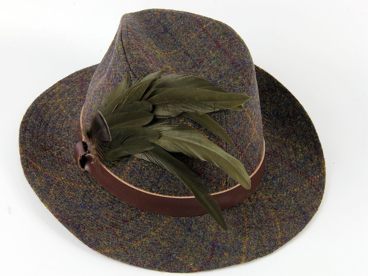 Tweed Fedora country hat with choice of feather hat mount.