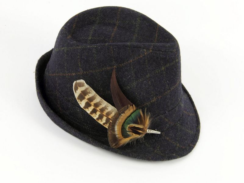 Country Trilby hat with feather brooch design